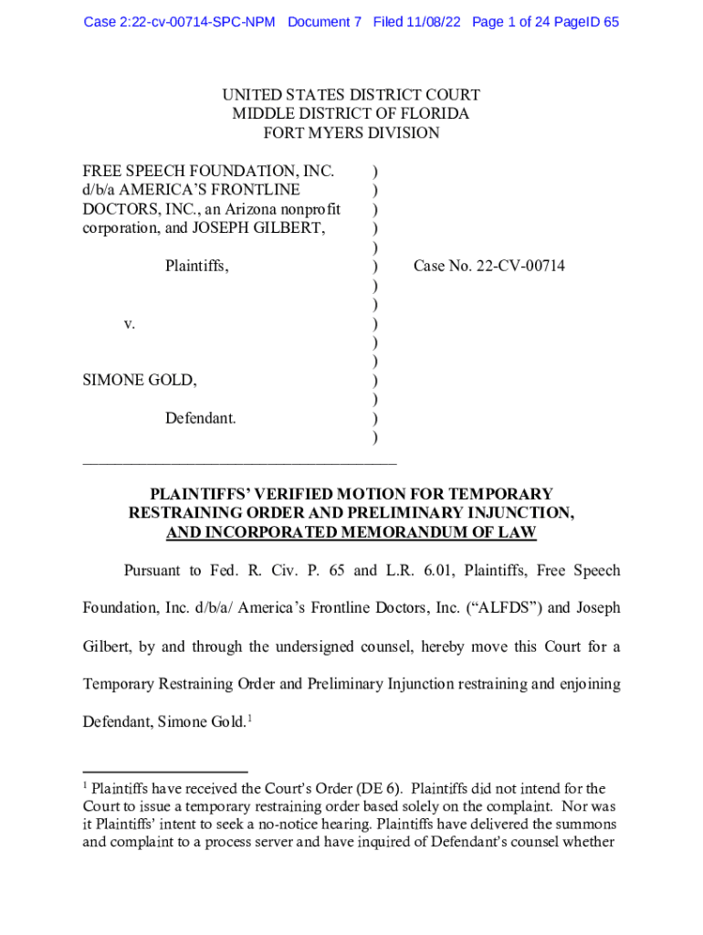 Fillable Online Free Speech Foundation v Simone Gold, M.D.. Motion for temporary restraining ...