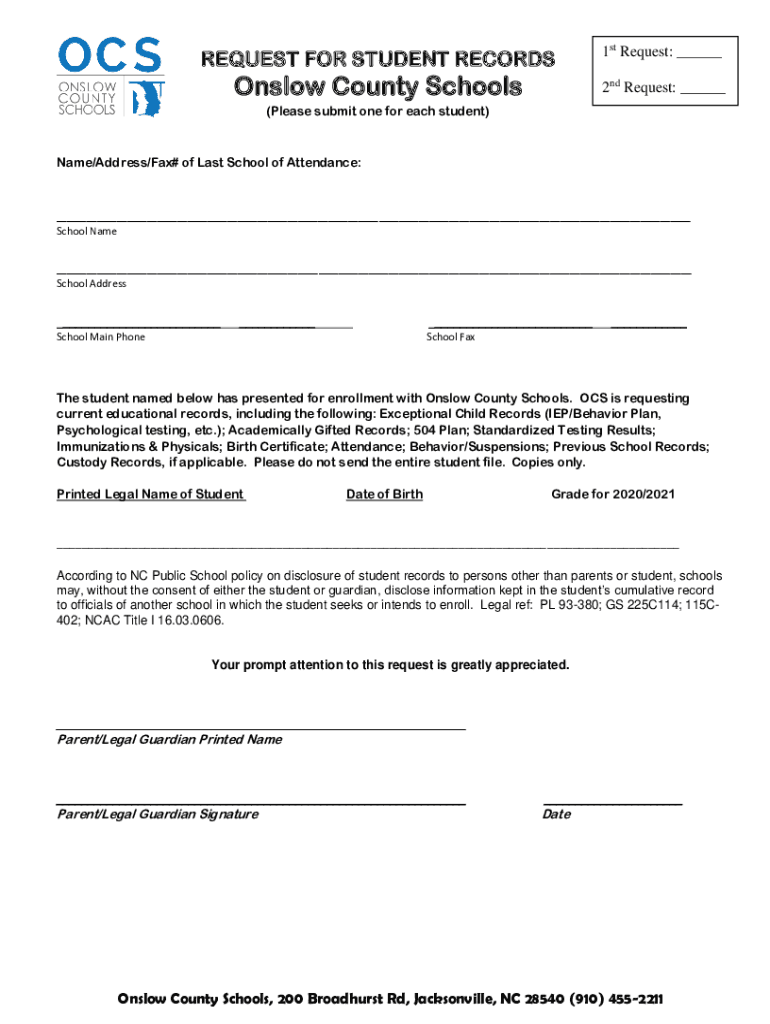 Fillable Online Onslow County Schools Transcripts and Records Requests ...