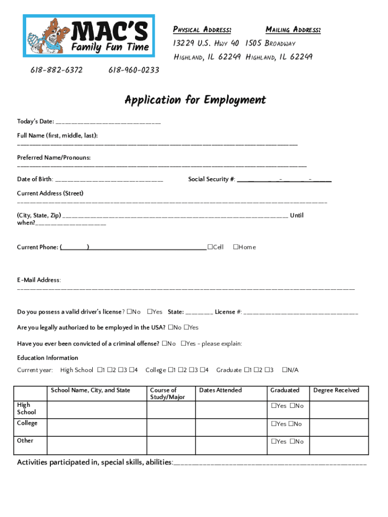 Fillable Online Application for Employment - Mac's Family Fun Time Fax ...