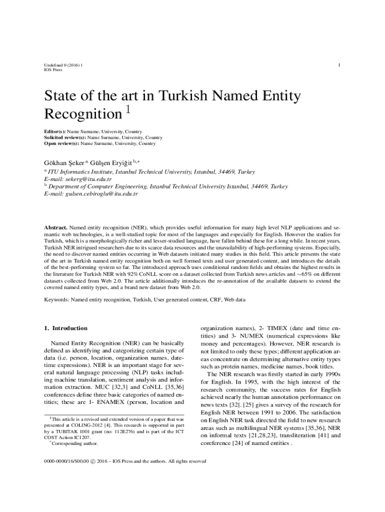 Fillable Online State of the art in Turkish Named Entity Recognition Fax Email Print - pdfFiller