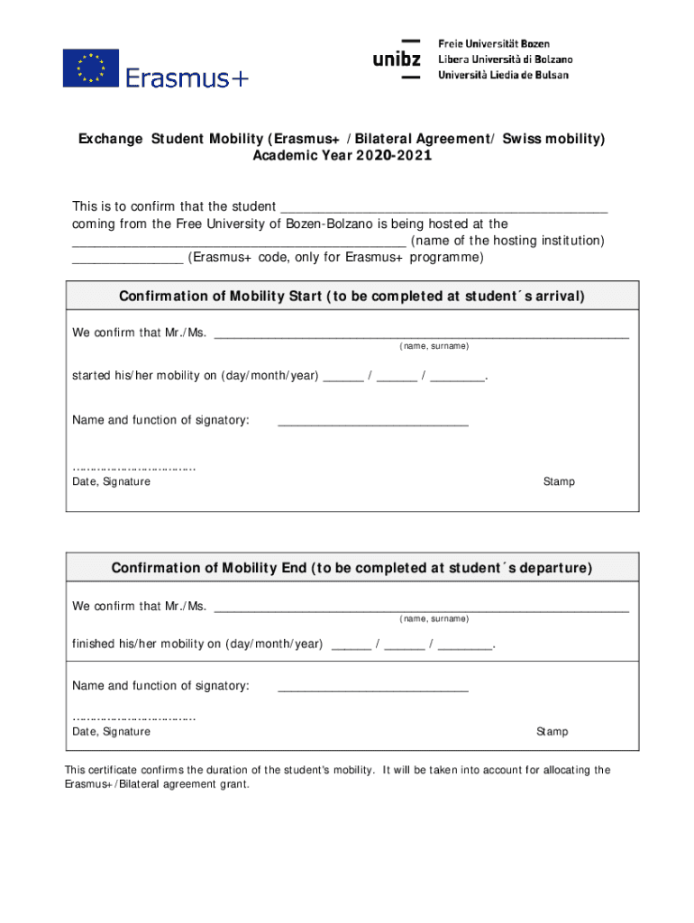 Fillable Online Exchange Student Mobility (Erasmus+ /Bilateral Agreement Fax Email Print - pdfFiller