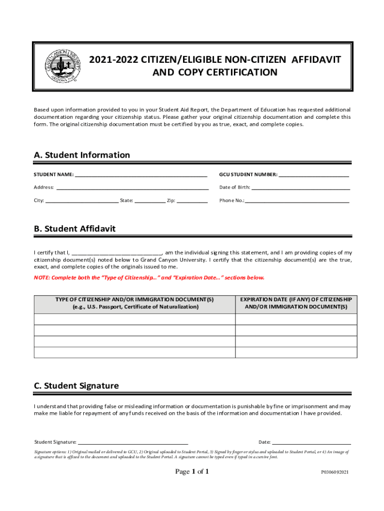Fillable Online 2015-2016 Citizen-Eligible Non-Citizen Affidavit ...