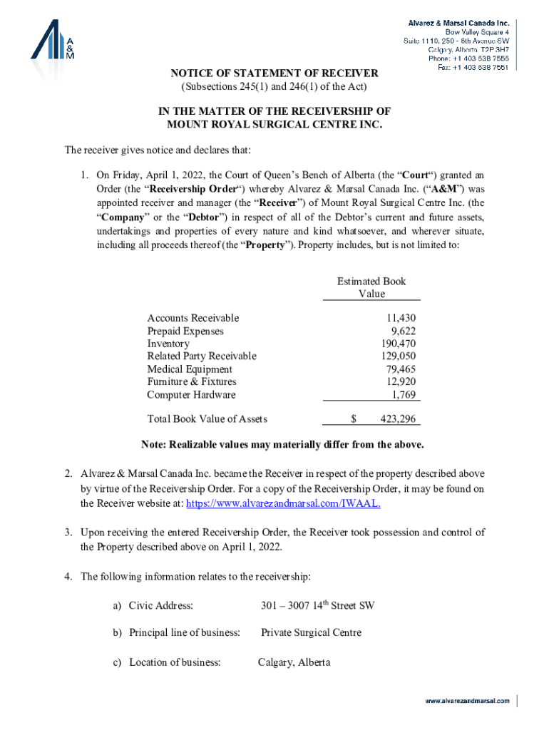 Fillable Online FORM 87 NOTICE AND STATEMENT OF RECEIVER ... Fax Email ...