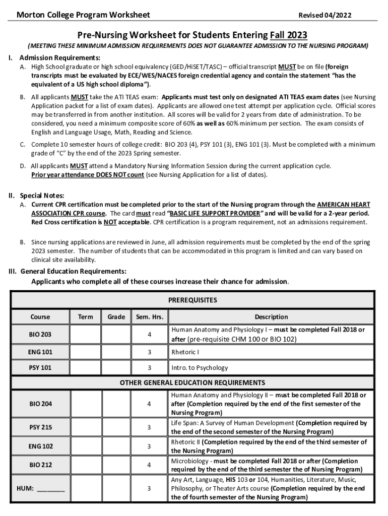 Fillable Online Pre-Nursing Worksheet for Students Entering Fall 2023 ...