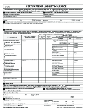 Fillable Online CERTIFICATE OF LIABILITY INSURANCE - Canadian Franchise ...