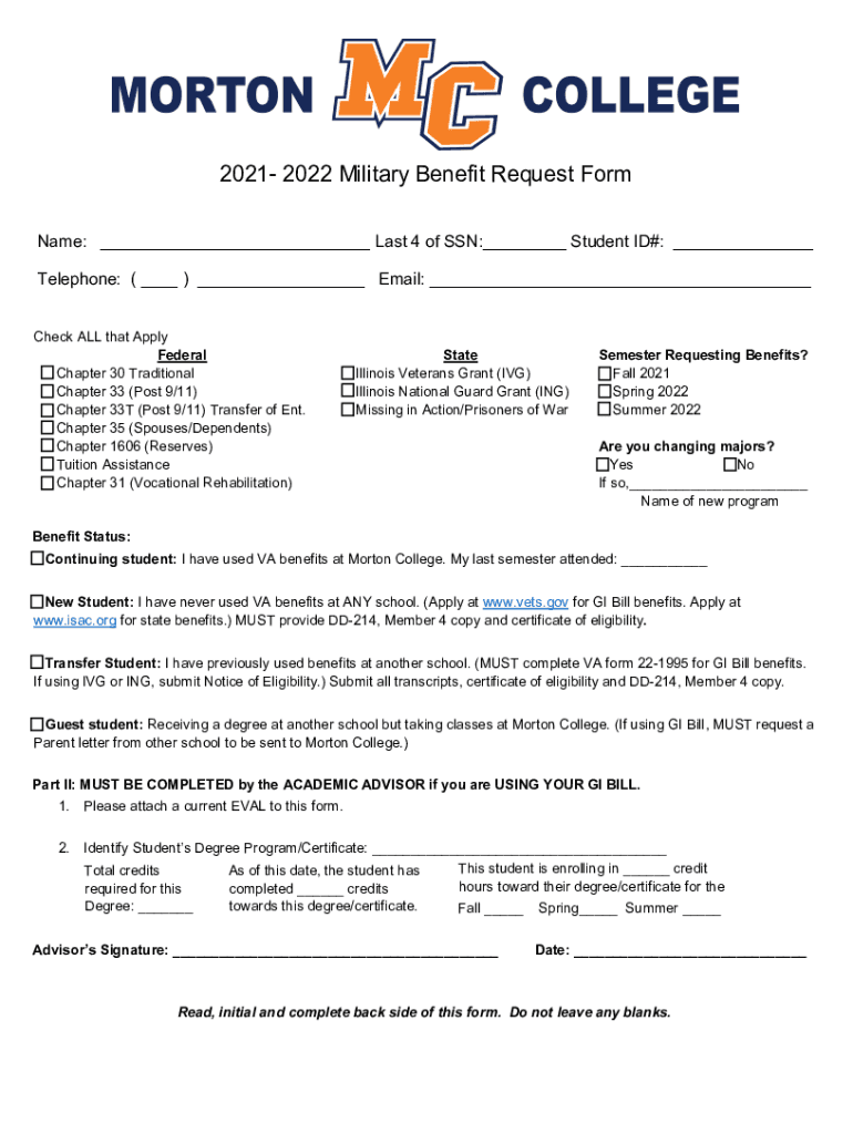 Fillable Online 2021- 2022 Military Benefit Request FormMorton College ...
