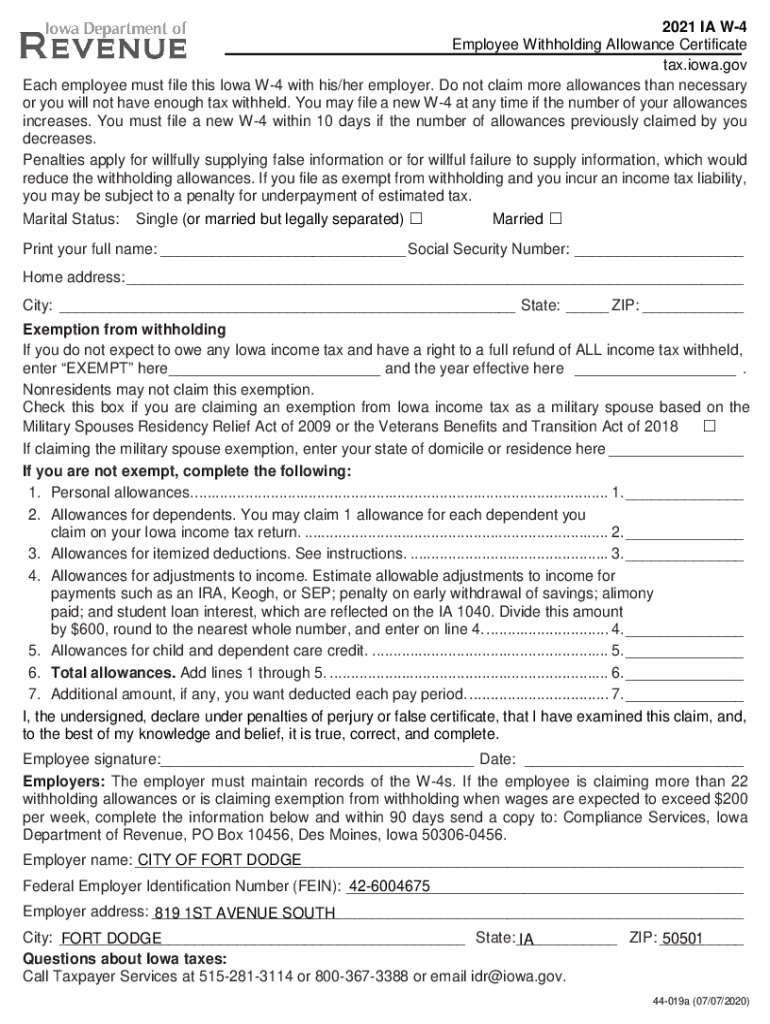 Fillable Online 2021 IA W-4 Employee Withholding Allowance Certificate ...