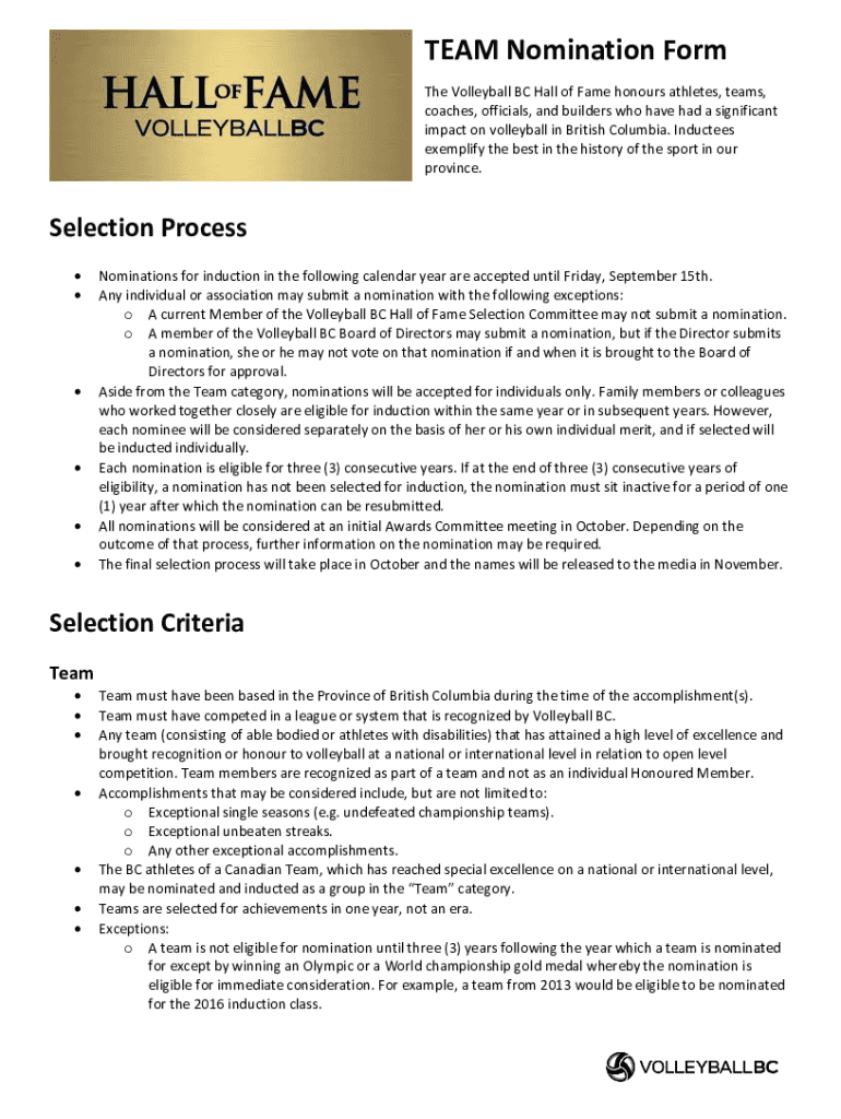 Fillable Online Team Nomination FormVolleyball BC Fax Email Print - pdfFiller