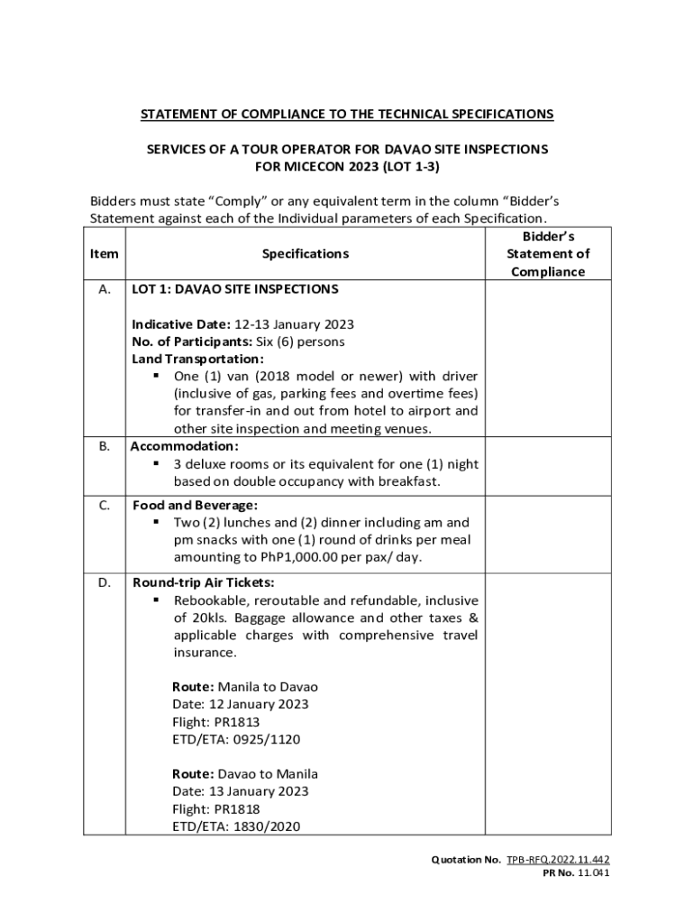 Specification Compliance Statement - Fill Online, Printable, Fillable, Blank | pdfFiller