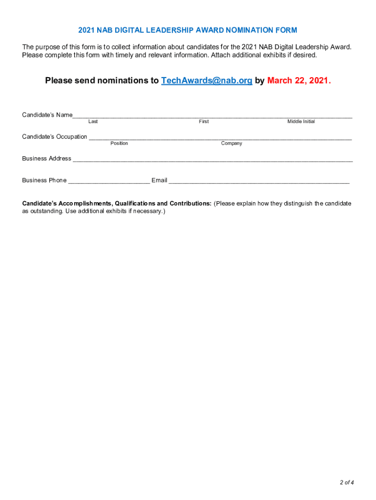Fillable Online 2021 NAB Digital Leadership Award FORM Fillable Fax ...
