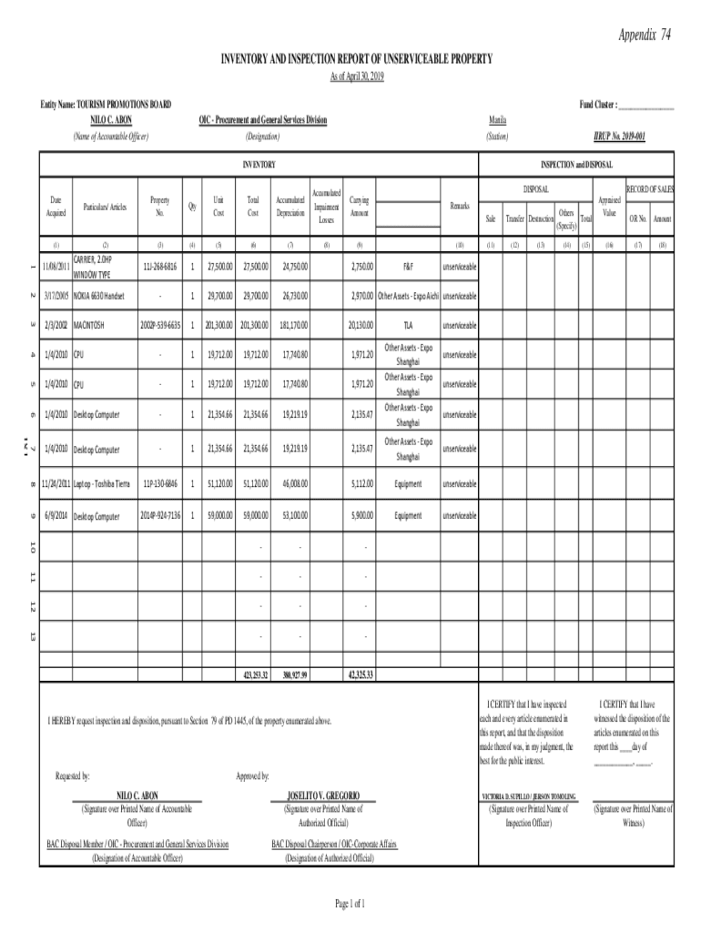 Fillable Online Report on inventory of property and equipment sample ...