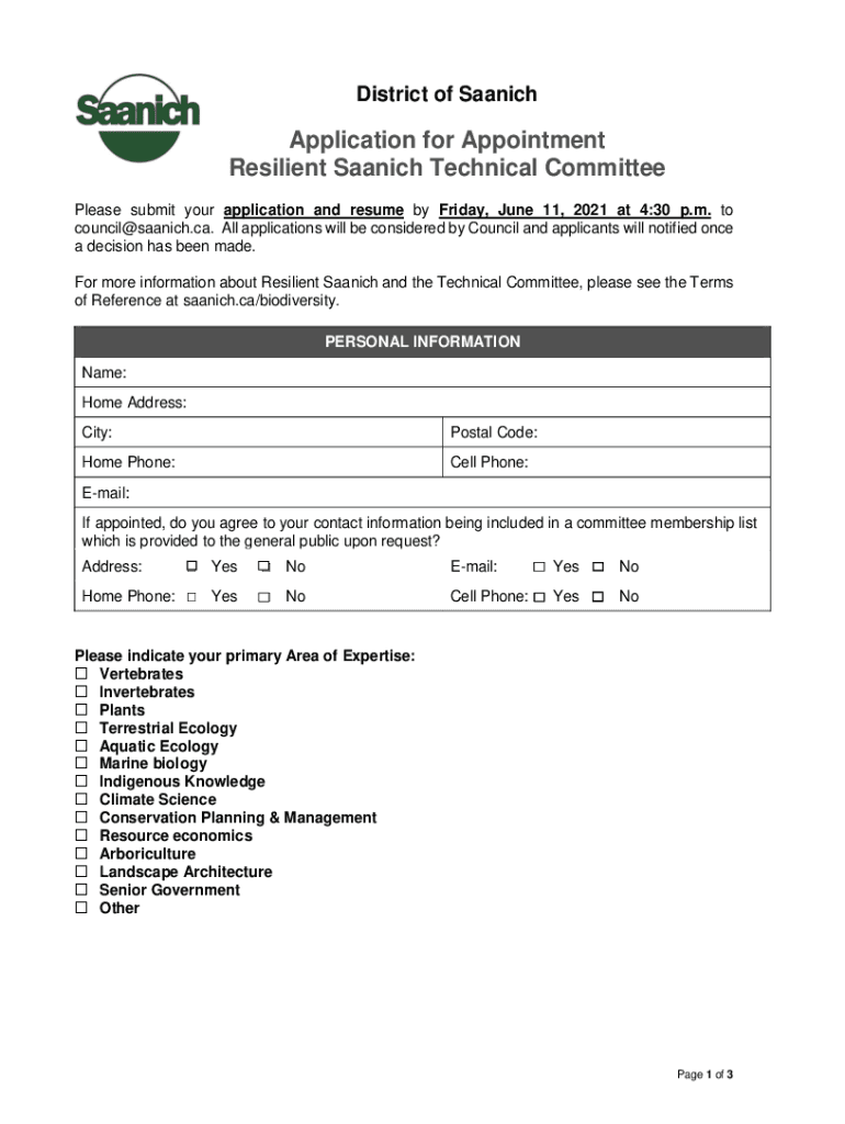 Fillable Online Application for Appointment Resilient Saanich Technical ... Fax Email Print ...