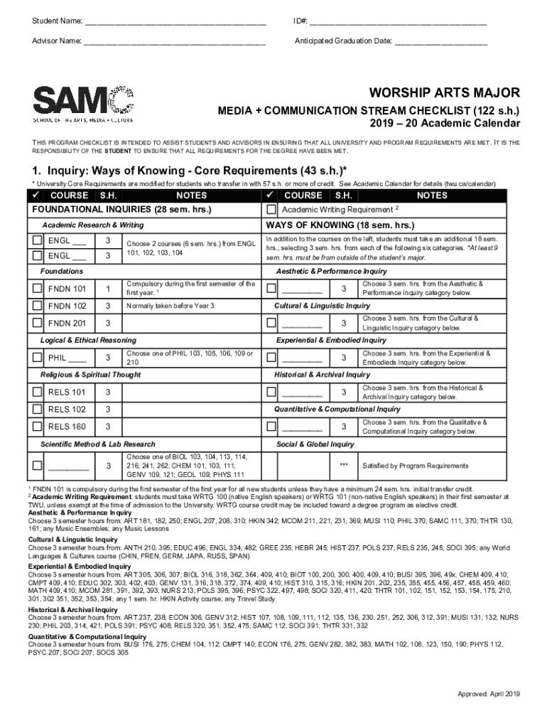 Fillable Online Worship Arts Major Media and Communication Stream Fax Email Print - pdfFiller
