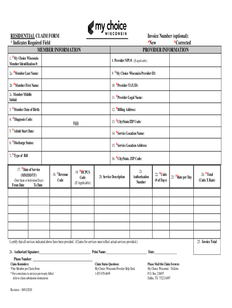 Fillable Online Residential Claim form01052016 - My Choice Wisconsin ...