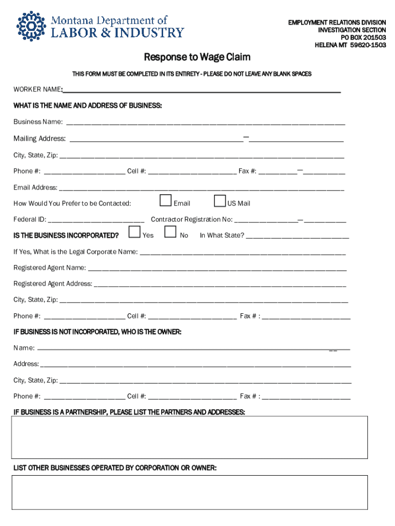 Fillable Online Response to Wage Claim - Employment Standards Division ...
