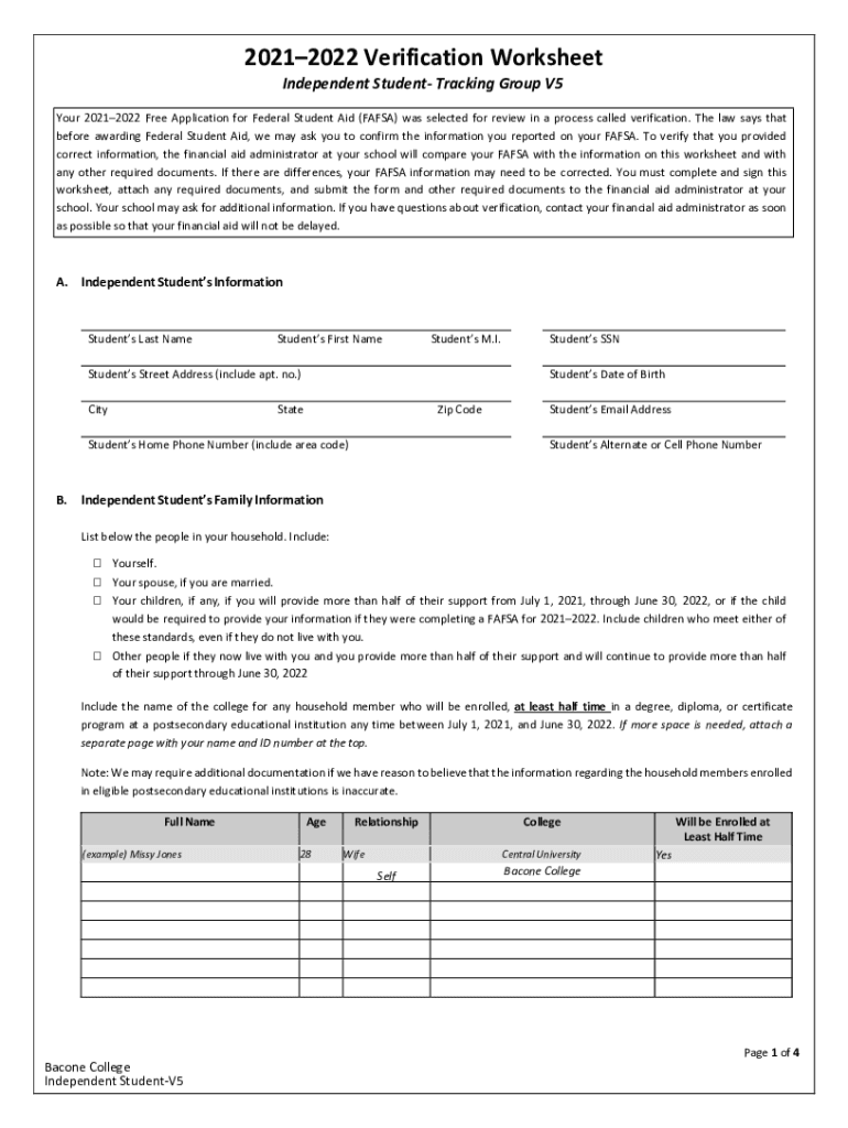 Fillable Online 2021-2022 FAFSA Verification Worksheet - Dillard University Fax Email Print ...