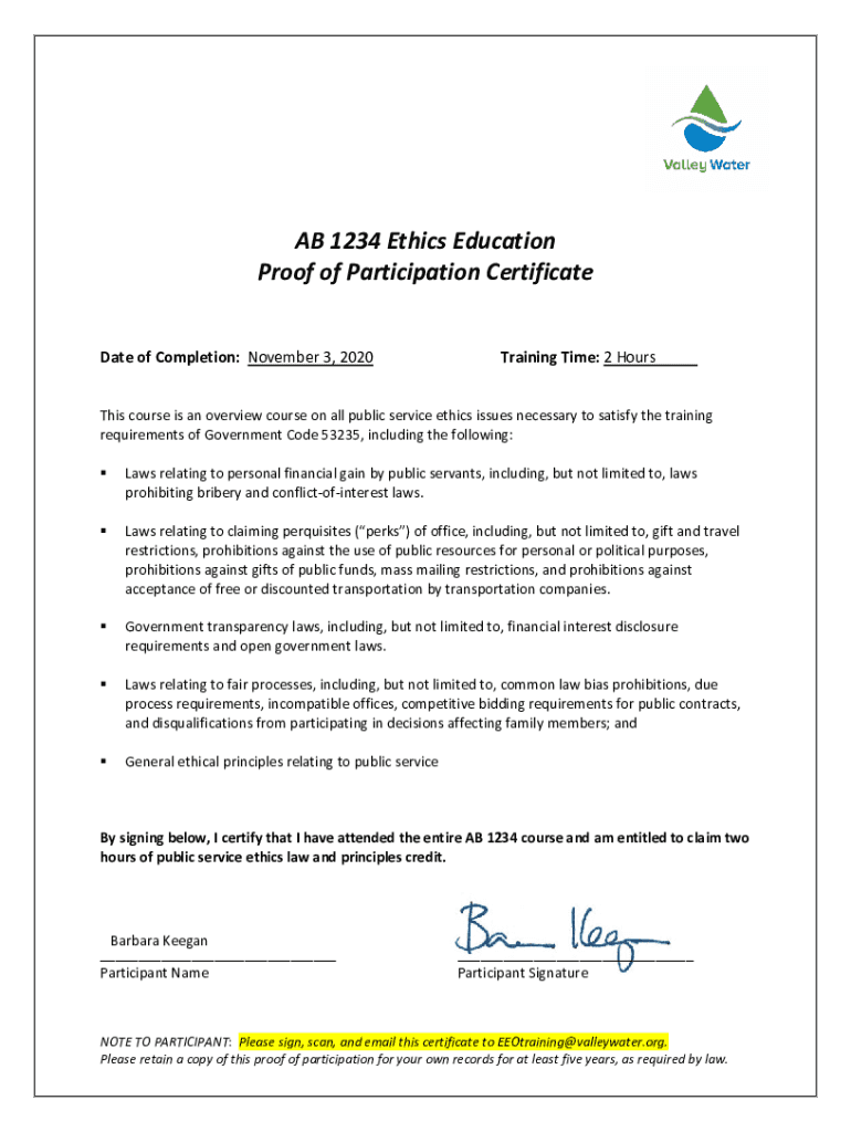 Fillable Online AB 1234 Ethics Education Proof of Participation ...