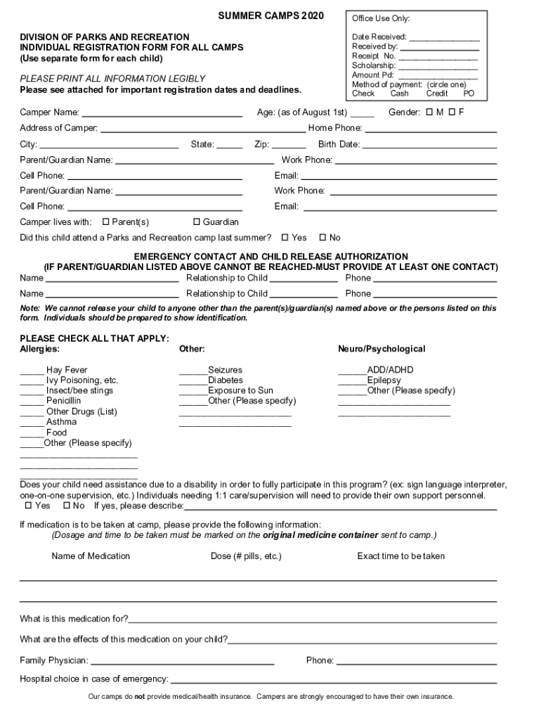Fillable Online 2020 camp individual registration form.doc Fax Email Print - pdfFiller