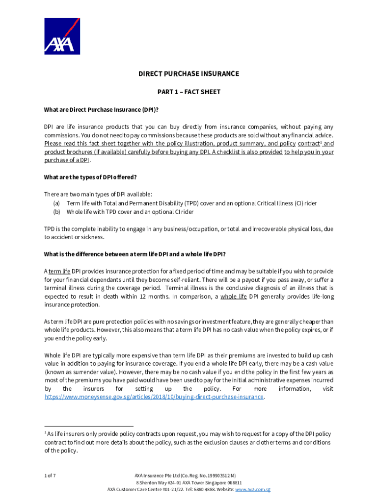 Fillable Online FACT SHEET What are Direct Purchase Insurance (DPI ...