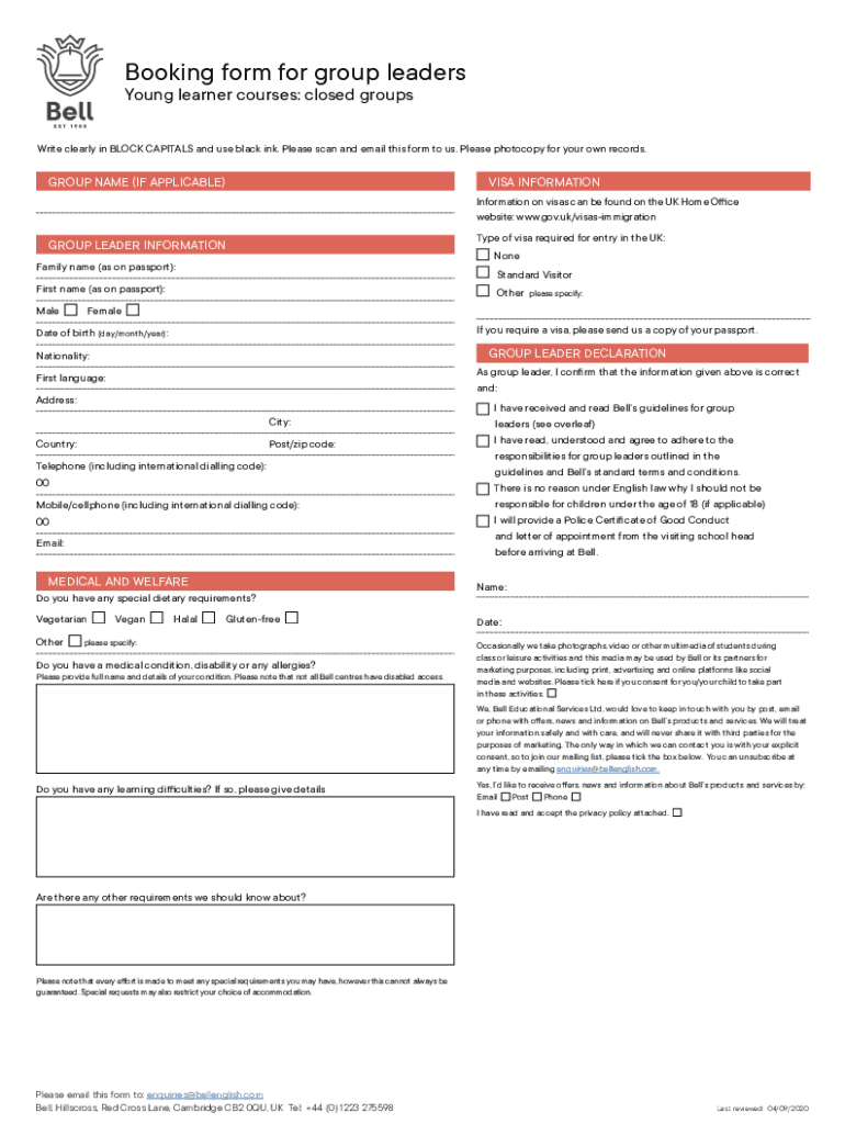 Fillable Online Booking forms for young learners (groups) - Bell ...