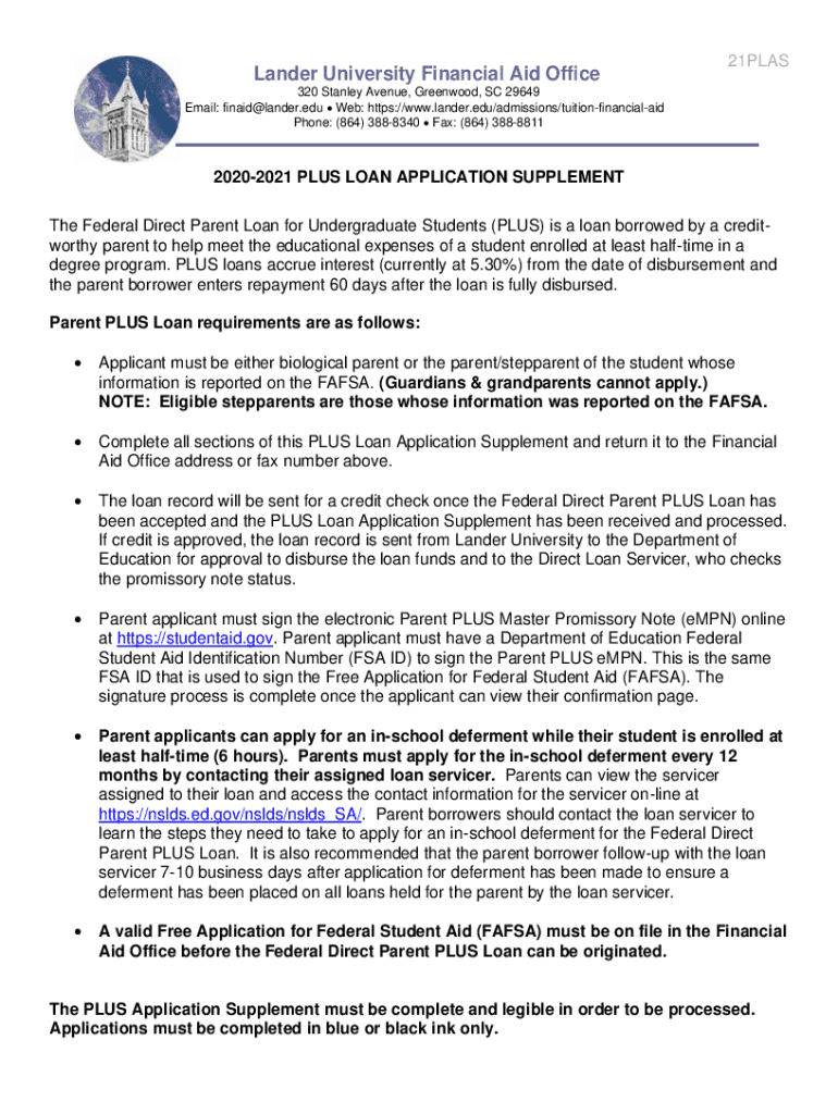 Fillable Online 2020-2021 PLUS LOAN APPLICATION SUPPLEMENT Fax Email ...