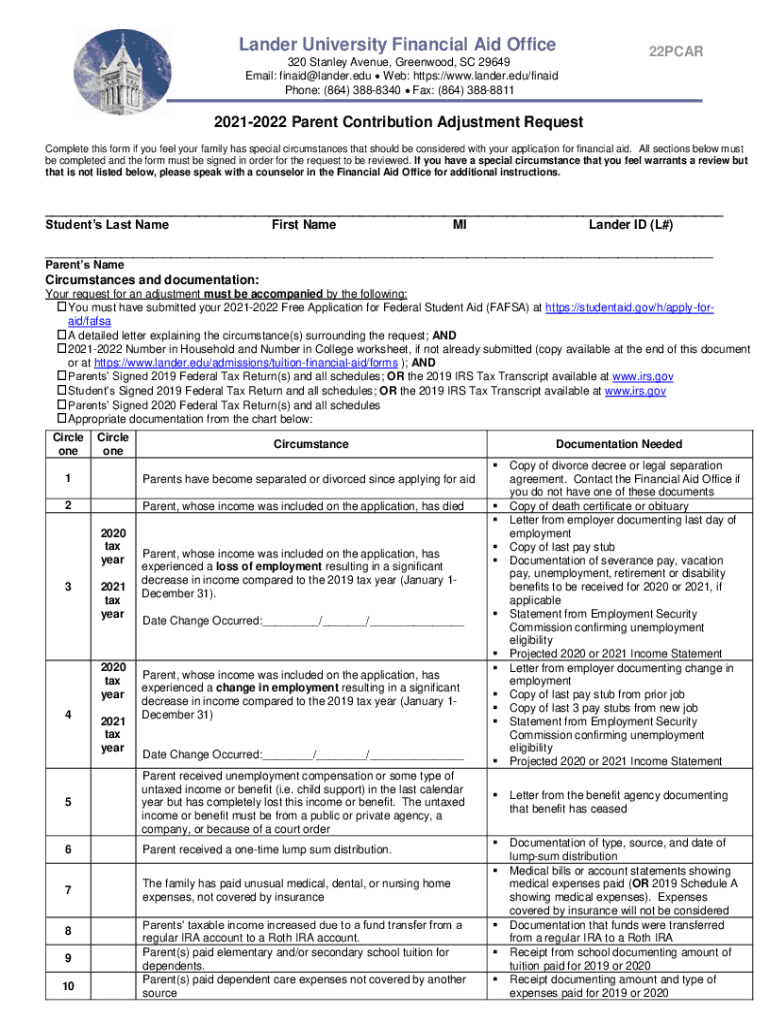 Fillable Online 2021-2022 Parent Contribution Adjustment Request Fax ...