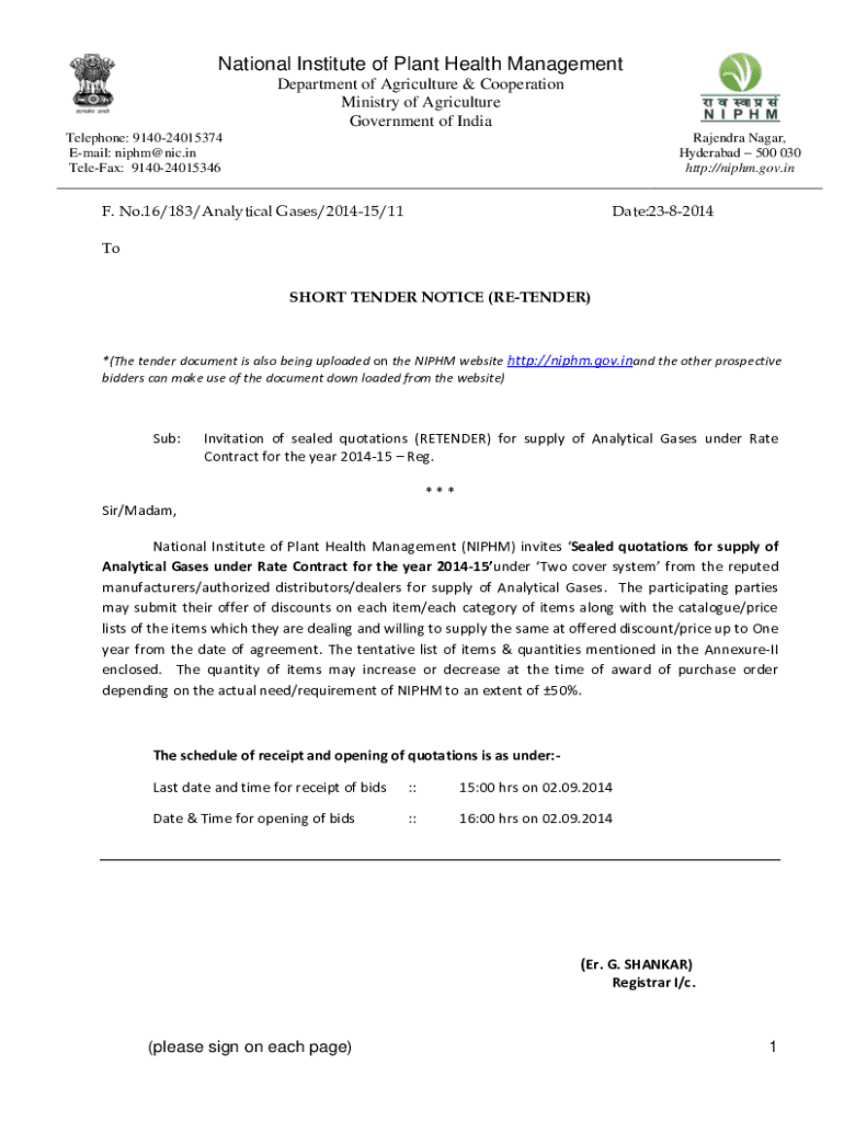 Fillable Online niphm gov SHORT TENDER NOTICE (RE-TENDER) Fax Email ...