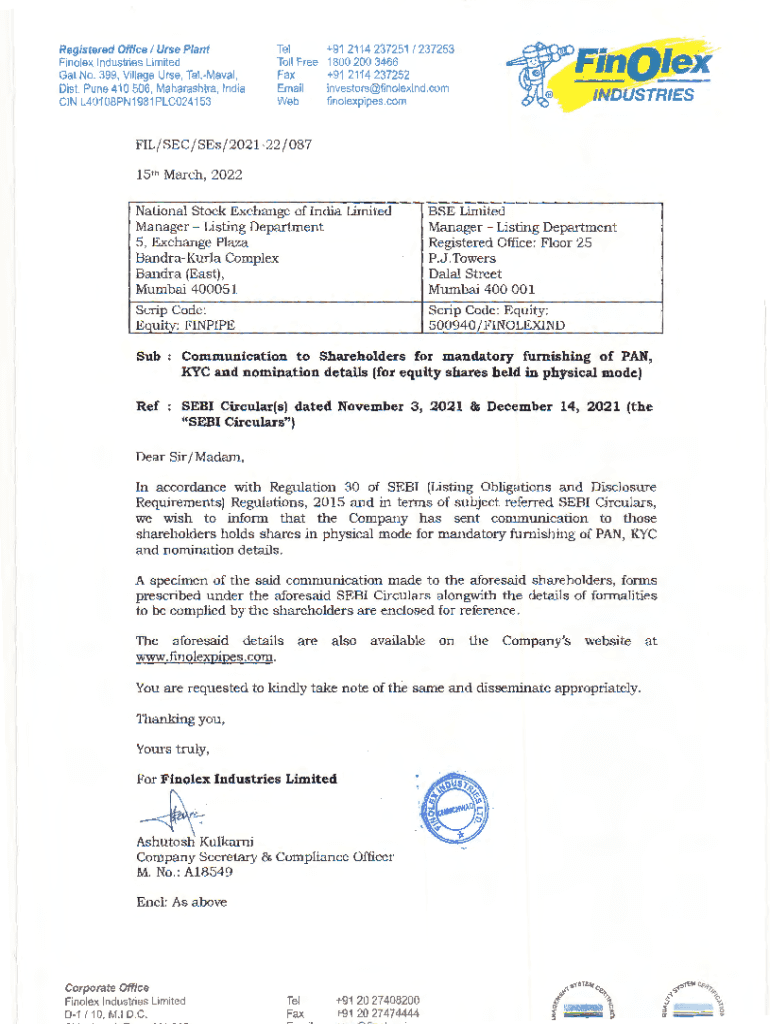 Fillable Online Finolex Industries Limited Gat No. 399, Village Urse ...