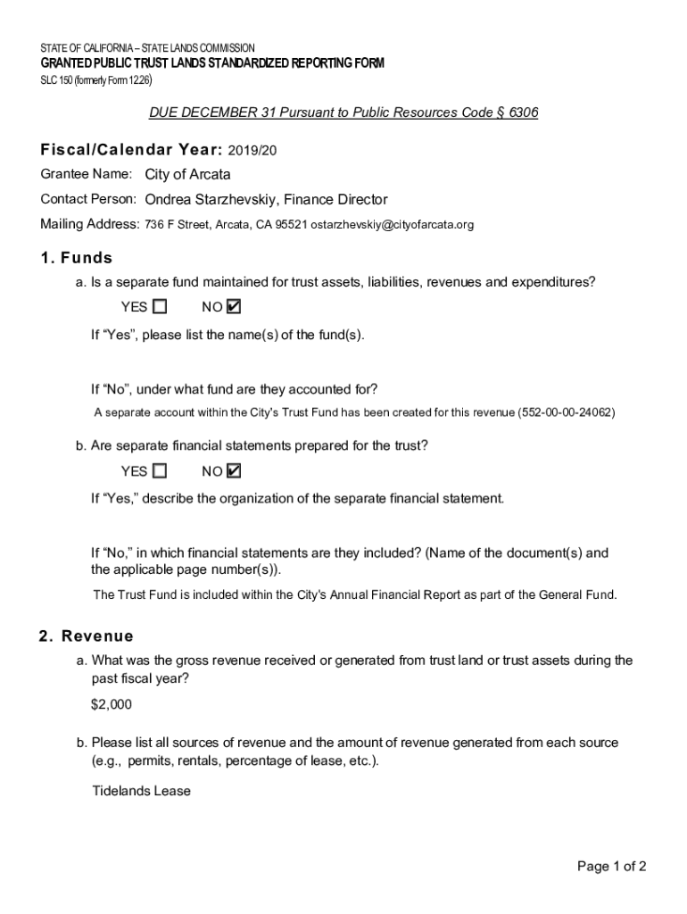 Fillable Online 2020 financial reporting form for granted lands. City of Arcata Fax Email Print ...