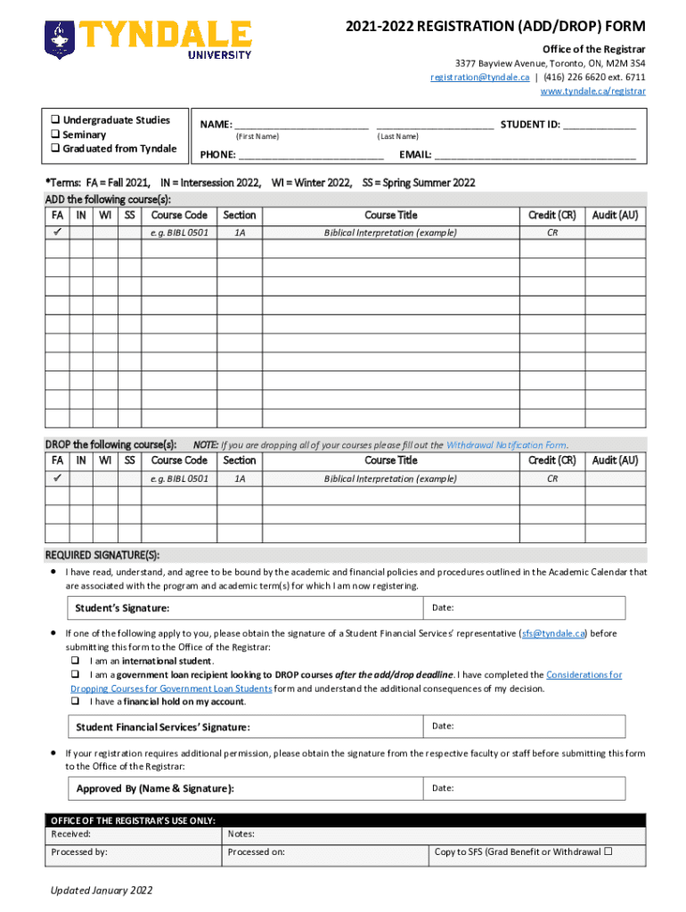 Fillable Online 2021-2022 registration (add/drop) form Fax Email Print - pdfFiller