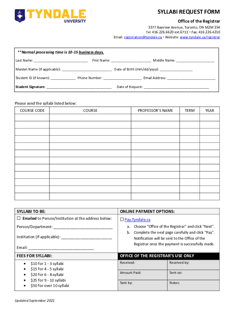 Fillable Online SYLLABI REQUEST FORM - Office of the Registrar Fax ...