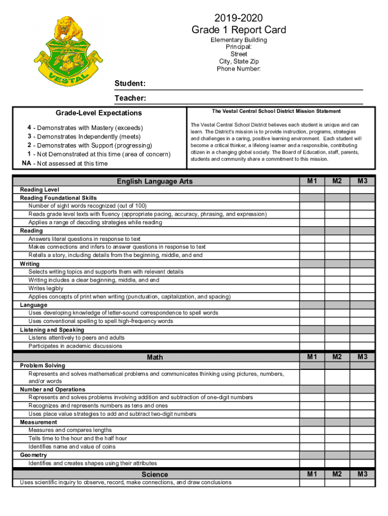Fillable Online Sample Report Card for 2019-20. First-grade Sample ...