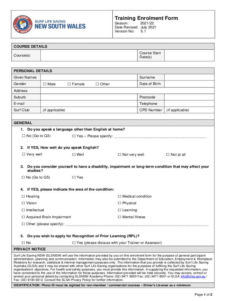 Fillable Online Training Enrolment Form - Coffs Harbour Surf Life ...