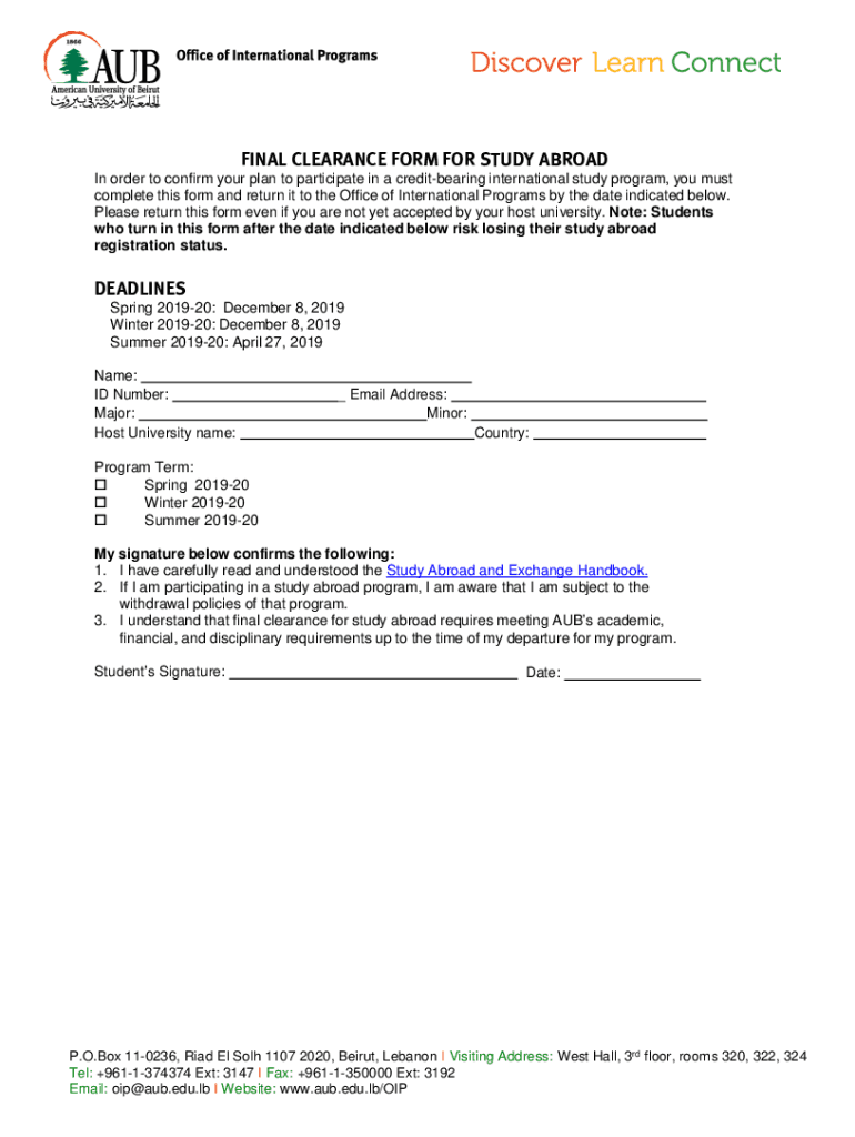 Fillable Online part i of iii final confirmation and clearance form for study abroad Fax Email ...