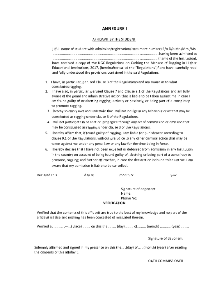 Fillable Online parent and student affidavits for anti ragging Fax ...