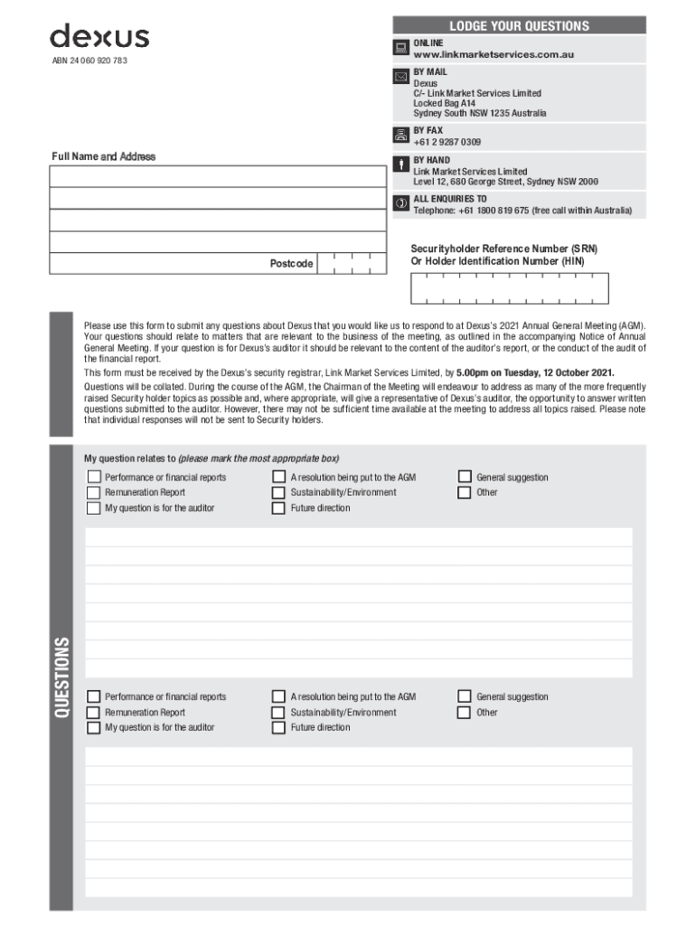 Fillable Online Q UESTIO NS - Dexus Fax Email Print - pdfFiller
