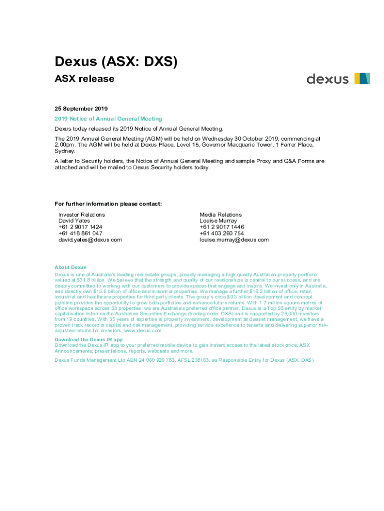Fillable Online The AGM will be held at Dexus Place, Level 15, Governor Macquarie Tower, 1 ...