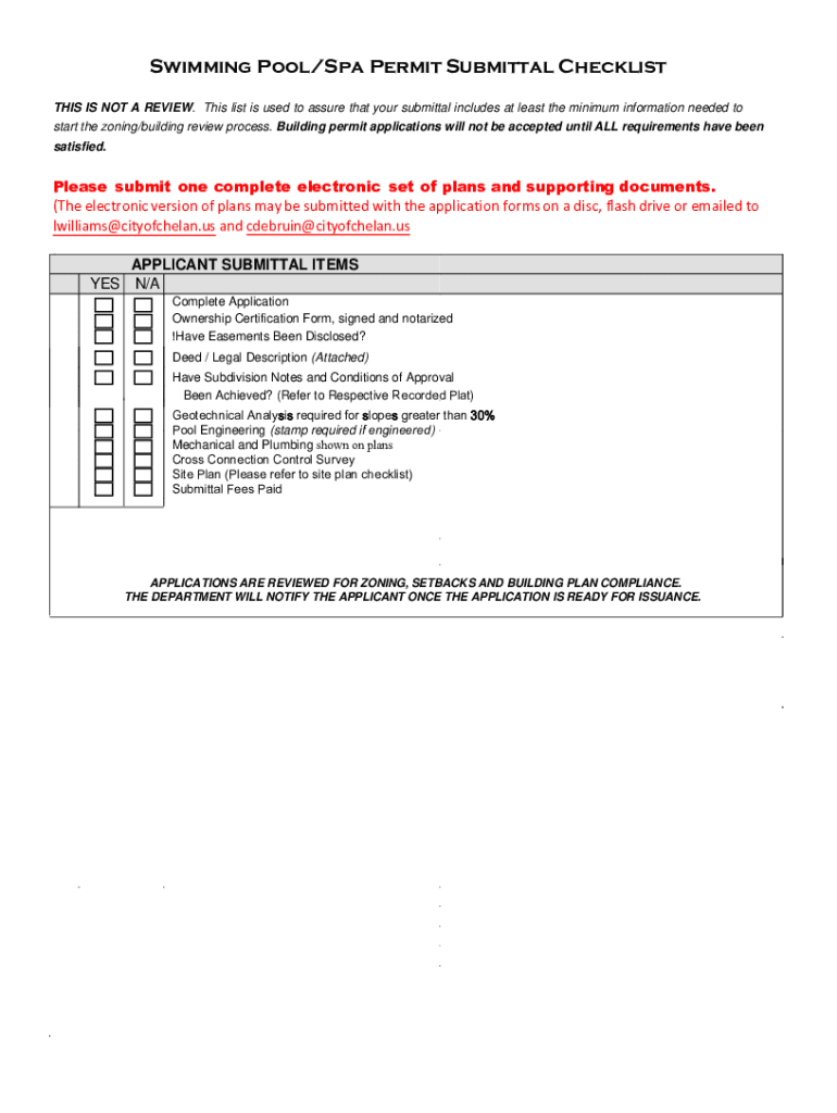 Fillable Online POOL/SPA PERMIT APPLICATION - City of Chelan Fax Email ...
