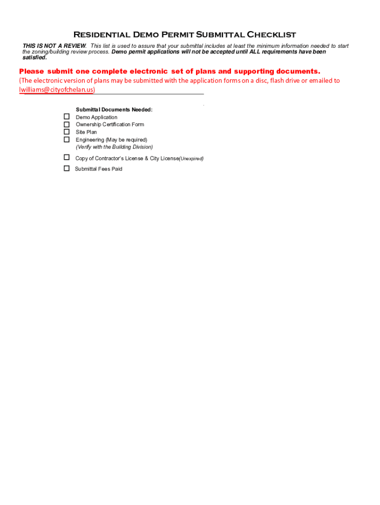 Fillable Online Residential Demo Permit Submittal Checklist Fax Email ...