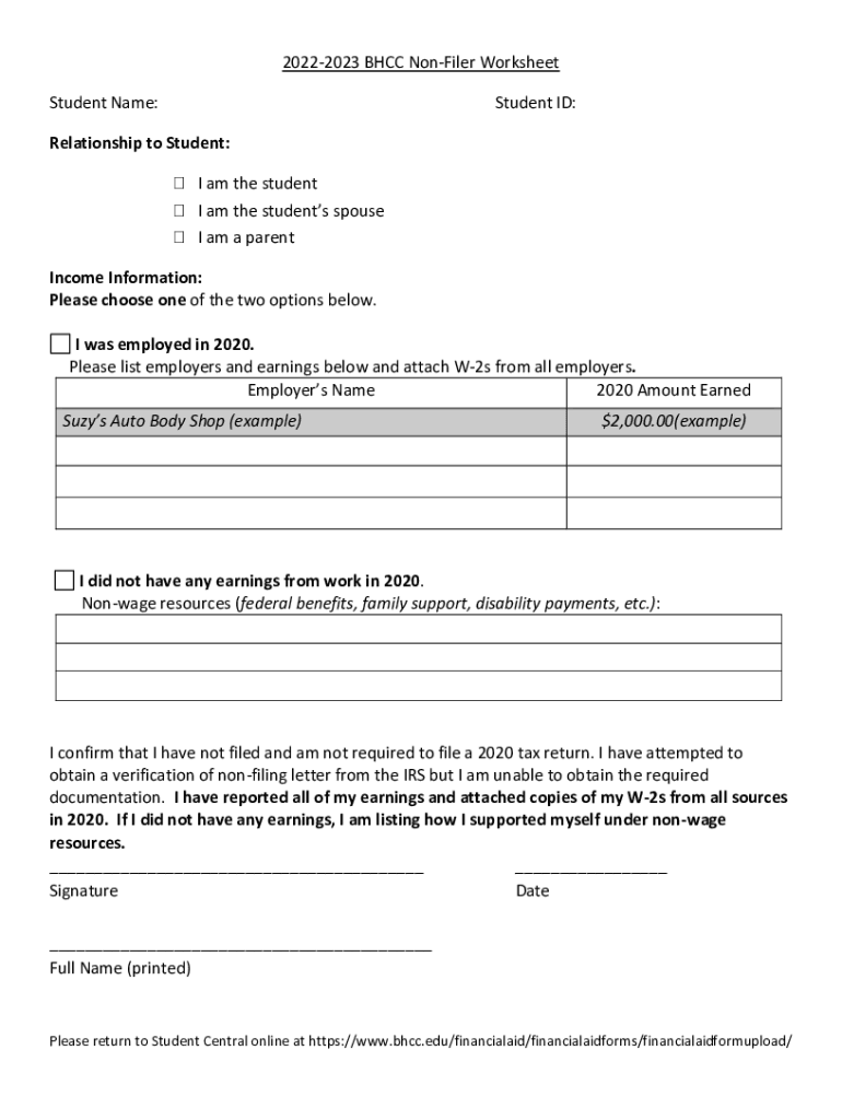 Fillable Online 2022-2023 BHCC Non-Filer Worksheet Student Name Fax Email Print - pdfFiller