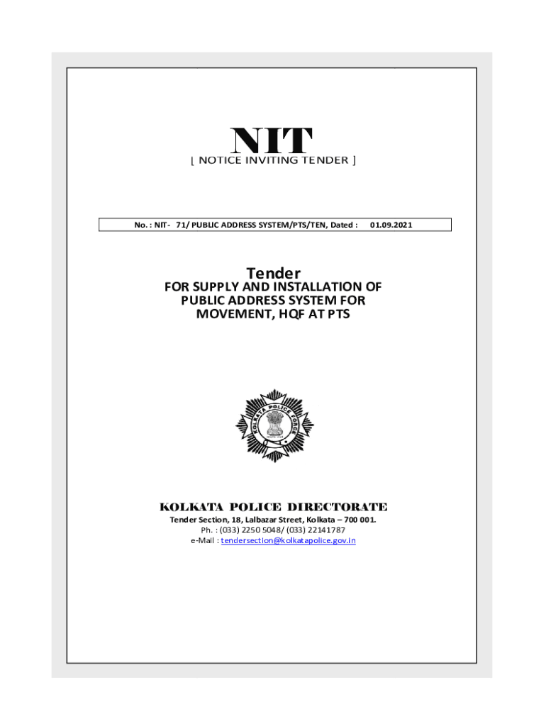 Fillable Online 1 NOTICE INVITING TENDER (NIT) Tender for installation of ... Fax Email Print ...