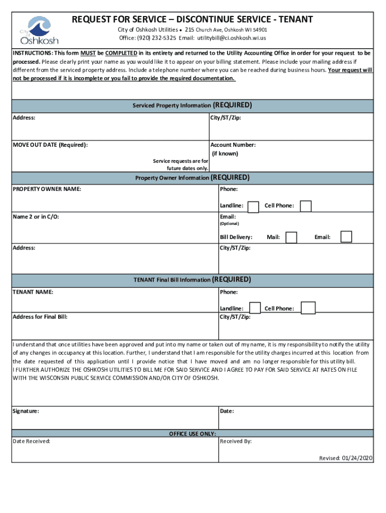Fillable Online DISCONTINUE SERVICE - TENANT - City of Oshkosh Fax ...