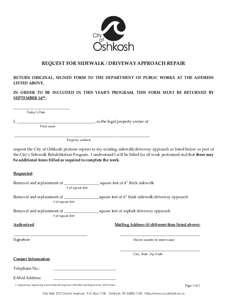 Fillable Online REQUEST FOR SIDEWALK / DRIVEWAY APPROACH REPAIR Fax ...