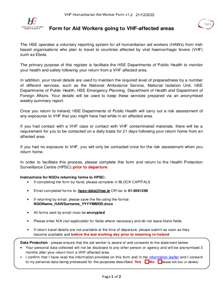Fillable Online Form for Aid Workers going to VHF-affected areas Fax Email Print - pdfFiller