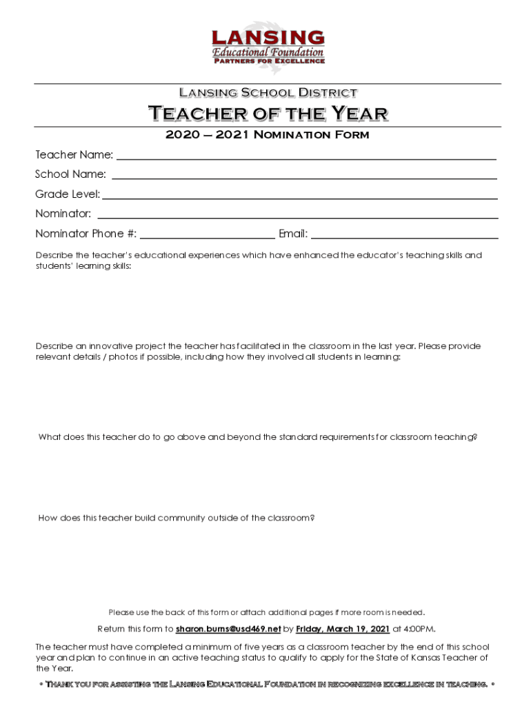 Fillable Online Teacher of the Year Nomination Form - Hopkins County ...