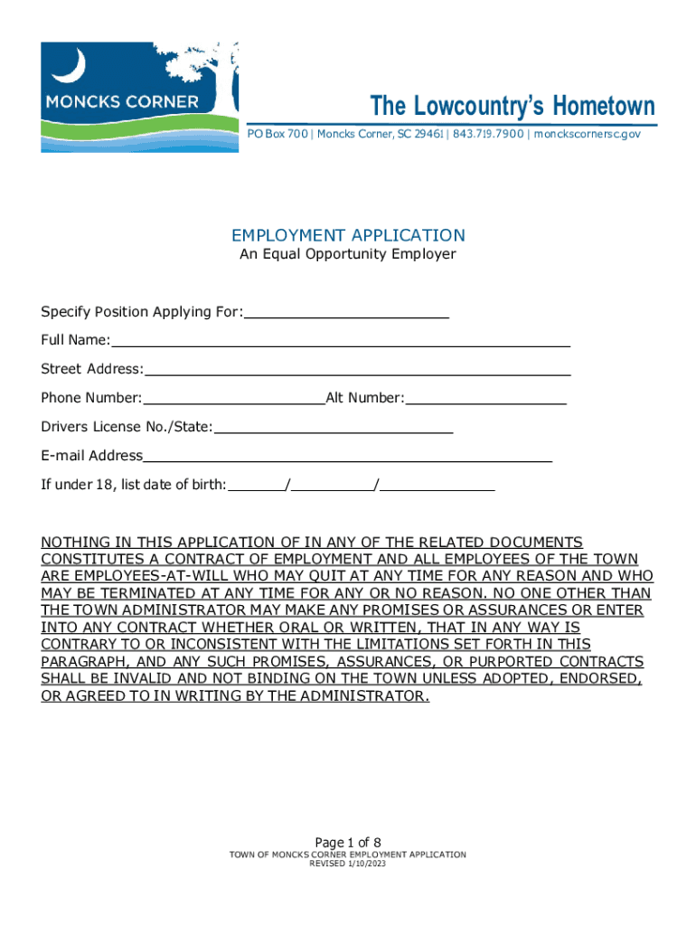 Fillable Online Employment Application - Town of Moncks Corner Fax Email Print - pdfFiller