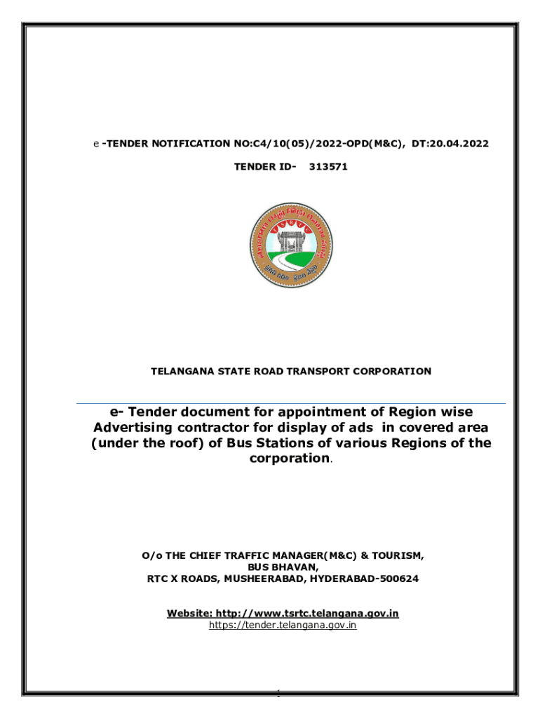 Fillable Online tsrtc telangana gov e- Tender document for appointment of Region wise ... Fax ...