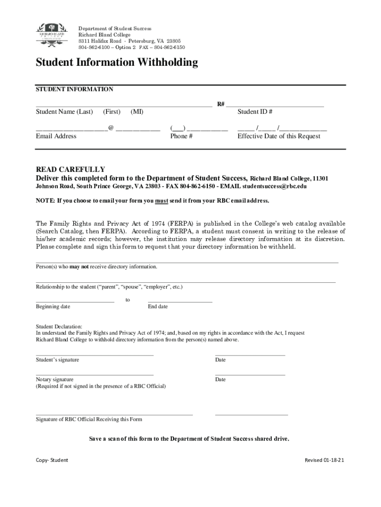 Fillable Online Student Information Release - Richard Bland College Fax Email Print - pdfFiller