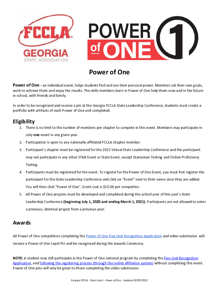 Fillable Online FCCLA POWER OF ONE - Program Guide Outline Fax Email ...