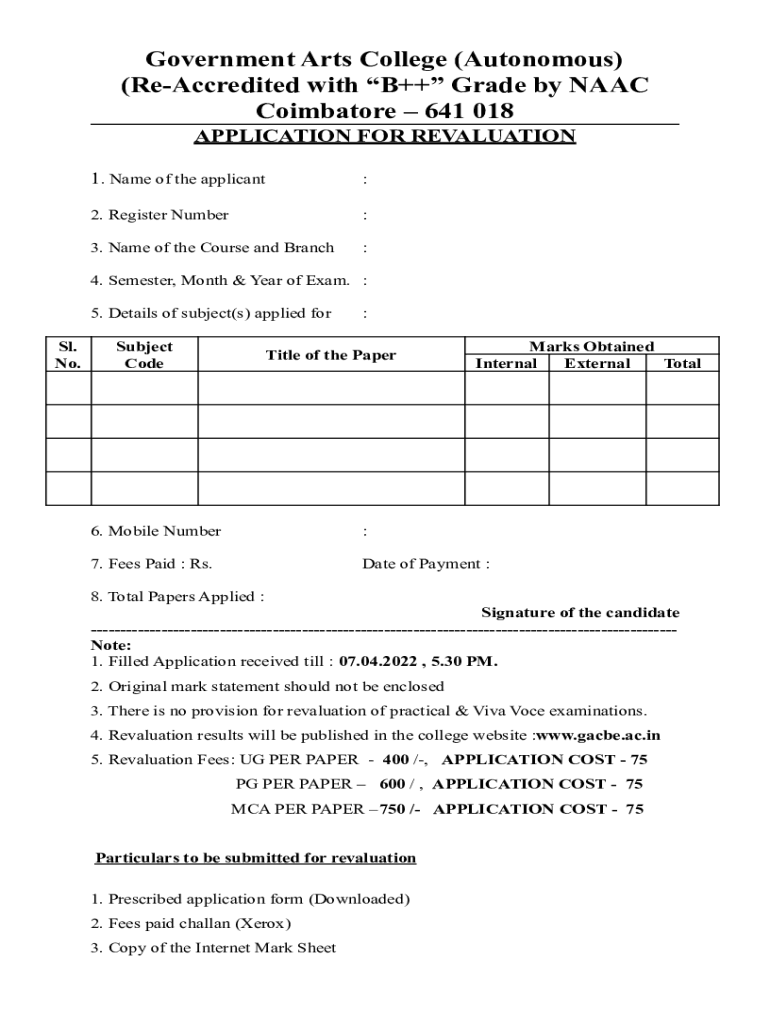Fillable Online gacbe ac Application form for Revaluation - FEB 22.doc Fax Email Print - pdfFiller